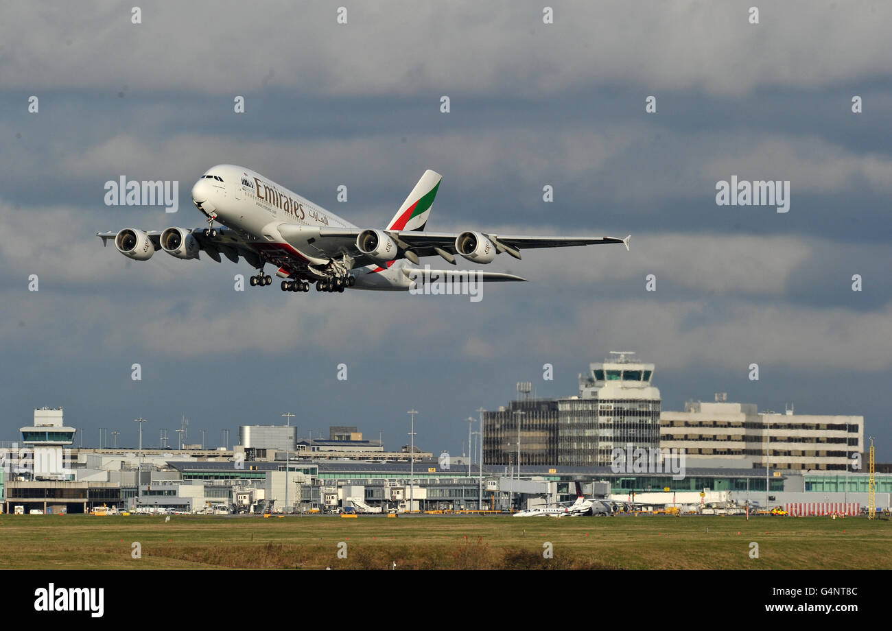 An emirates airbus a380 takes off from manchester airport hi-res stock ...