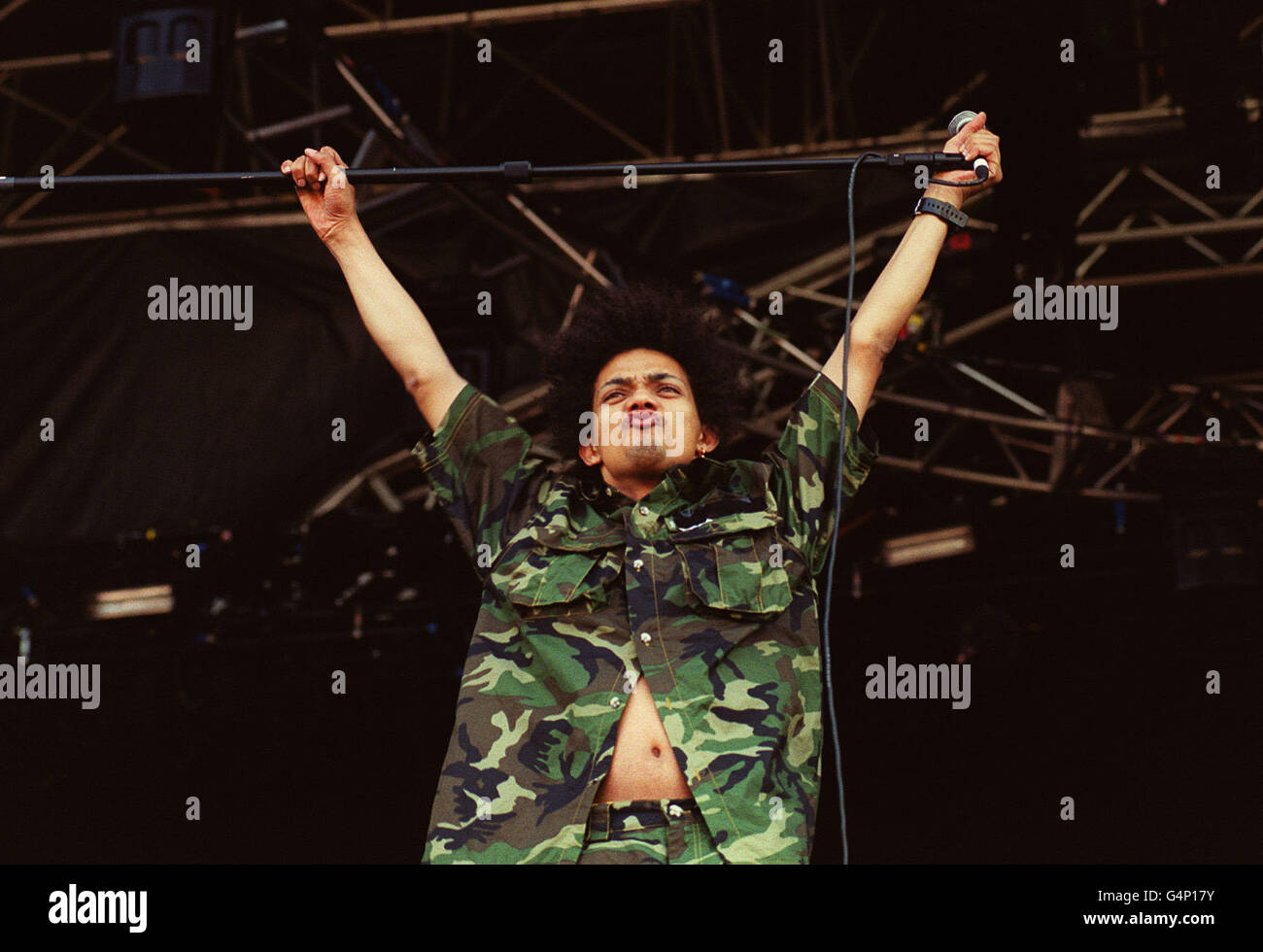 A member of the band Atari Teenage Riot on stage at the Reading music ...