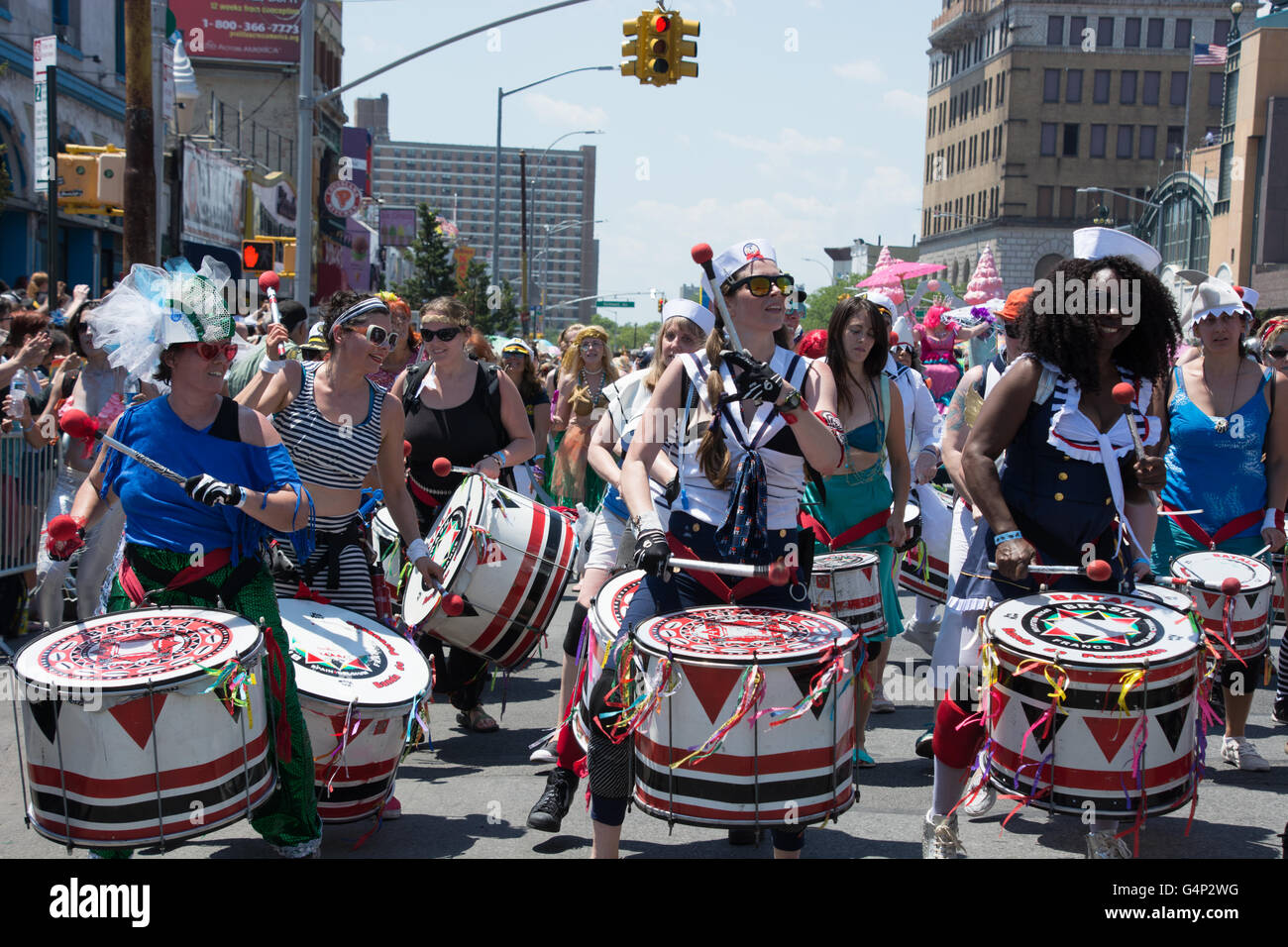New York, USA. 18th June 2016. The Batala Samba Band plays for the ...