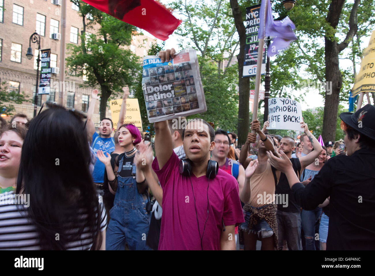New York, USA. 18th June 2016. Demonstrators rally in front of ...