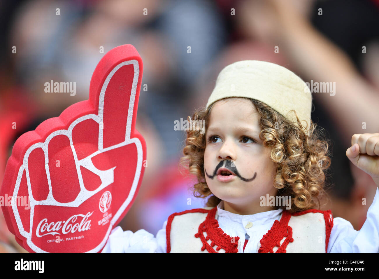 Lyon, France. 19th June, 2016. A fan of Albania cheers before the Euro ...