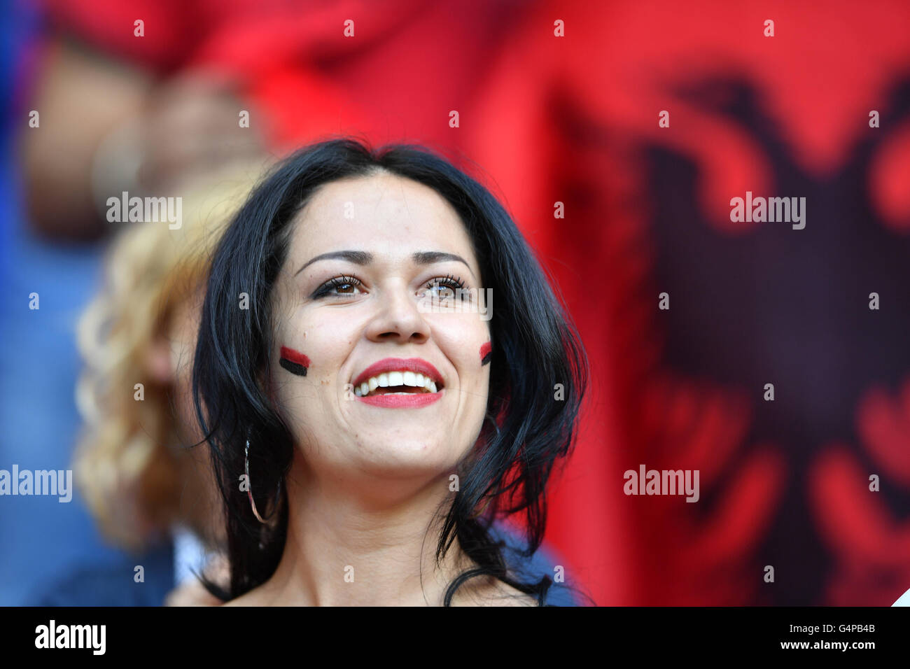Lyon, France. 19th June, 2016. A fan of Albania cheers before the Euro ...