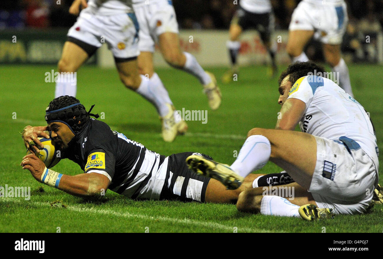 Sale Sharks Sam Tuitupou drives to the line to score a try as Exeter ...