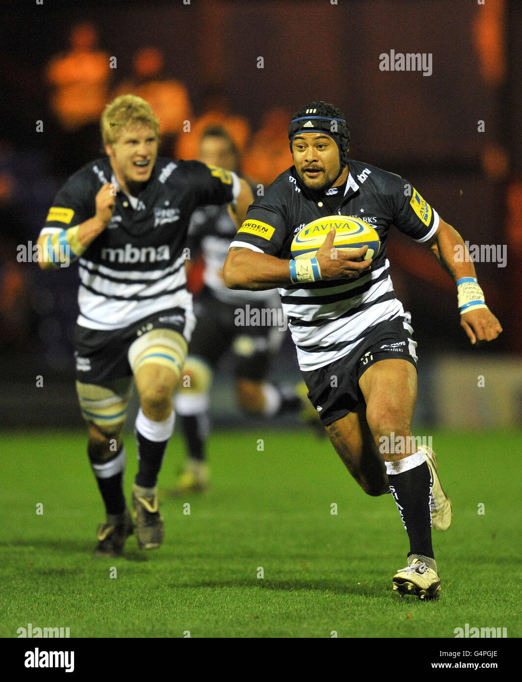 Sale Sharks Sam Tuitupou picks up the ball on his way tp scoring a try ...