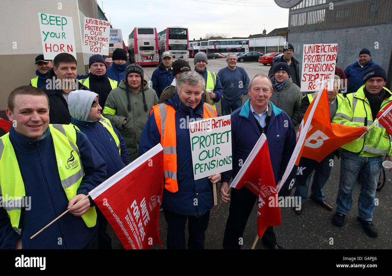 Translink workers protesting outside the Short Strand bus depot, in ...