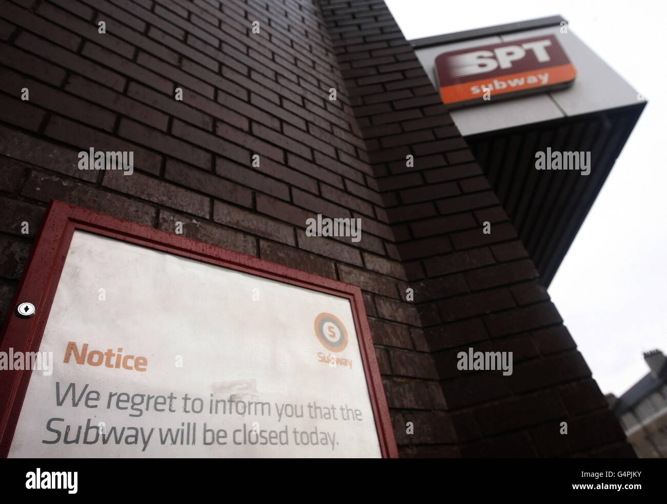 A sign at Ibrox subway station in Glasgow, Scotland, that is closed ...