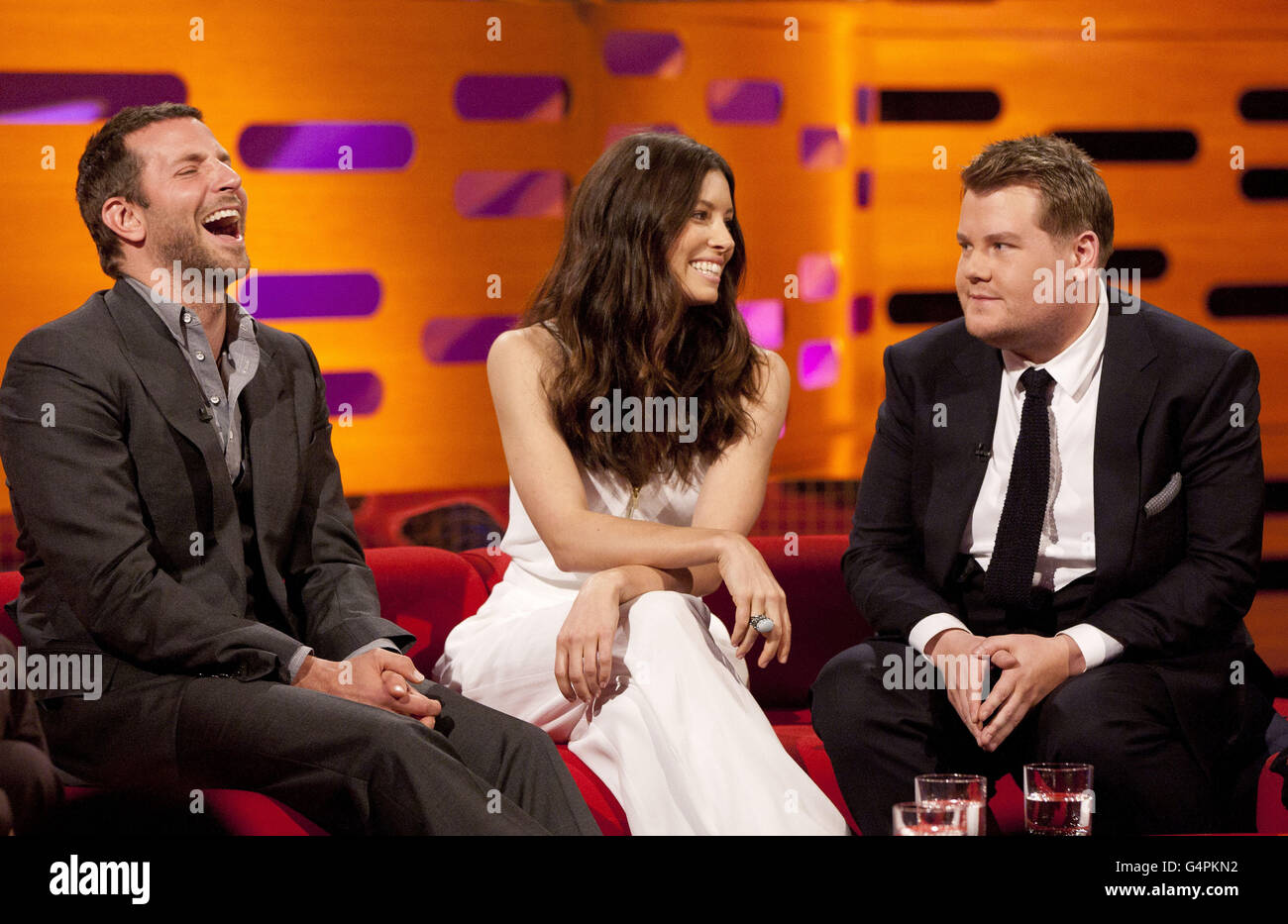 Bradley Cooper, Jessica Biel and James Corden, during the filming of ...