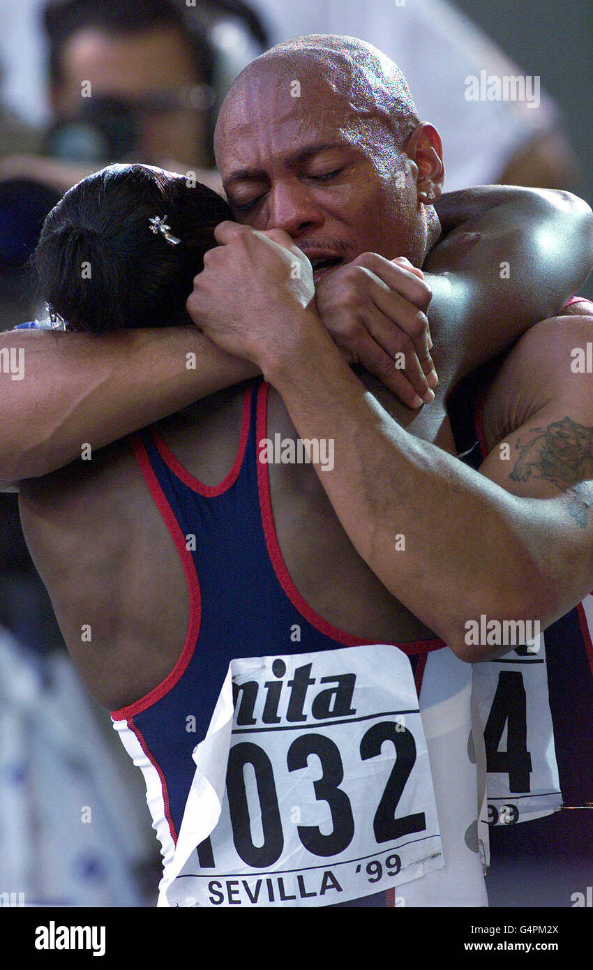 Dubbed the worlds fastest man hugs fellow american inger miller hi-res ...