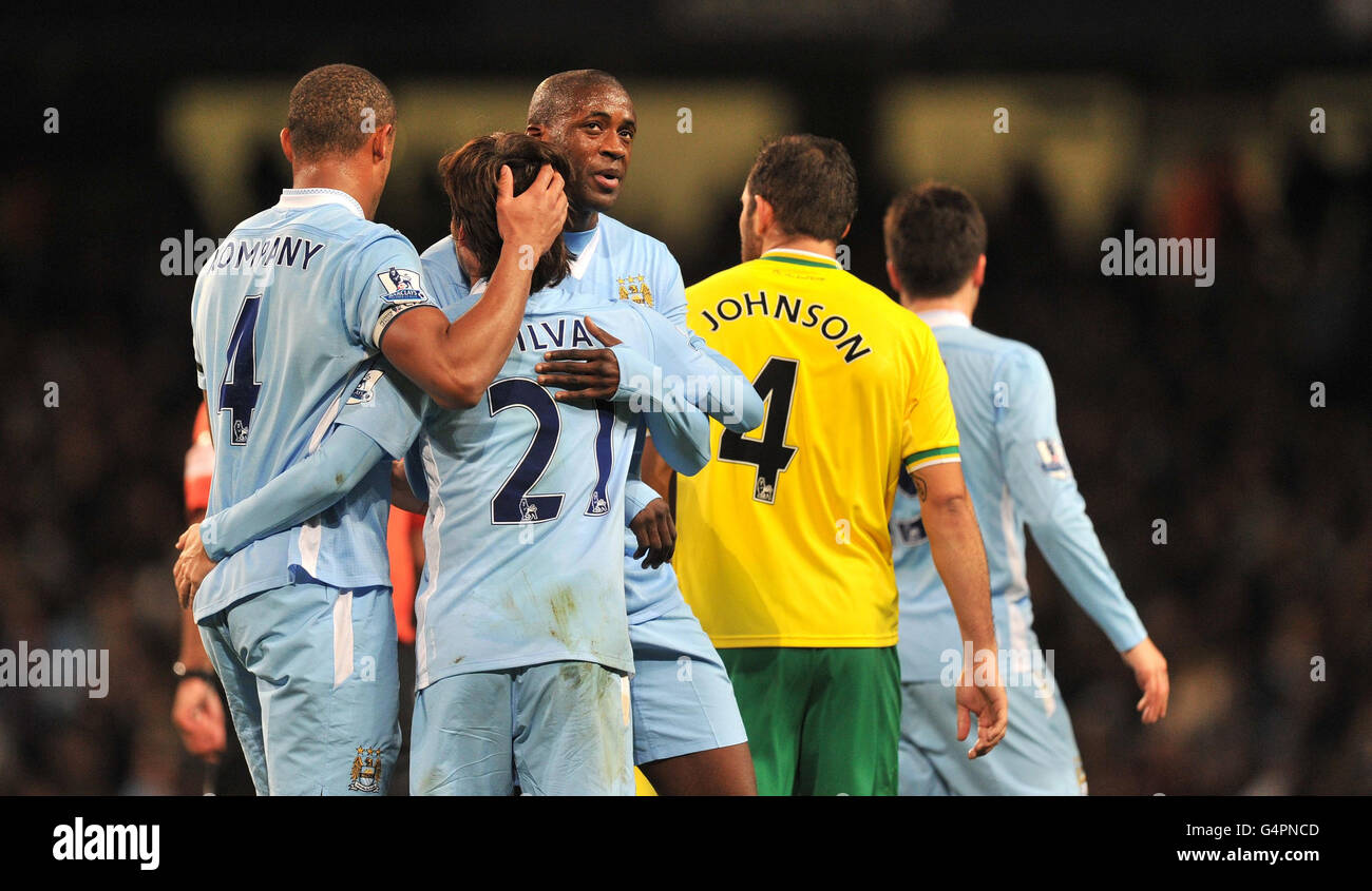 Manchester City's Yaya Toure celebrates scoring with David Silva and ...