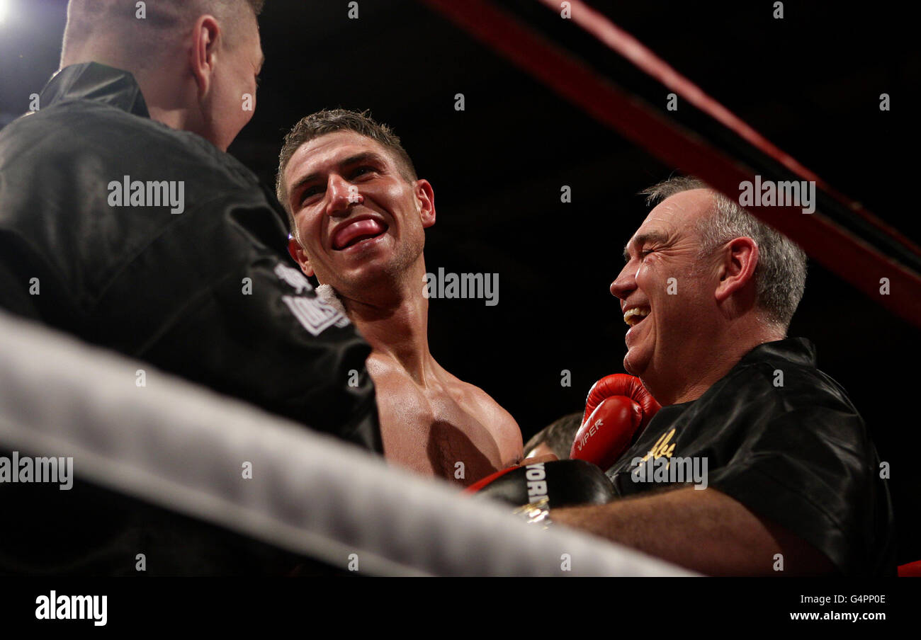 Brian Rose (centre) celebrates with his trainer Bobby Rimmer after ...