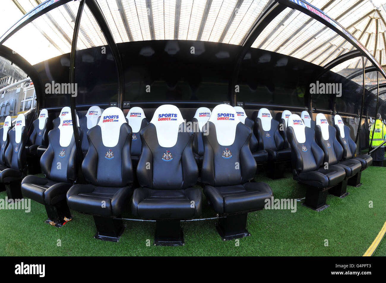 A fisheye view of the home bench at the Sports Direct Arena Stock Photo ...