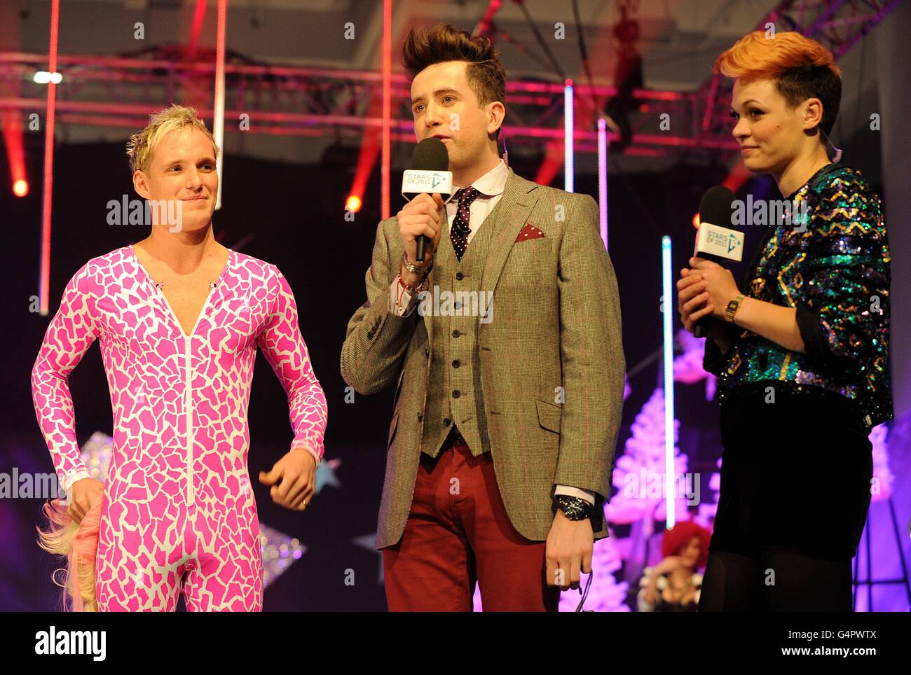 T4 presenters Nick Grimshaw (centre) and Georgie Okell with Jamie Laing ...