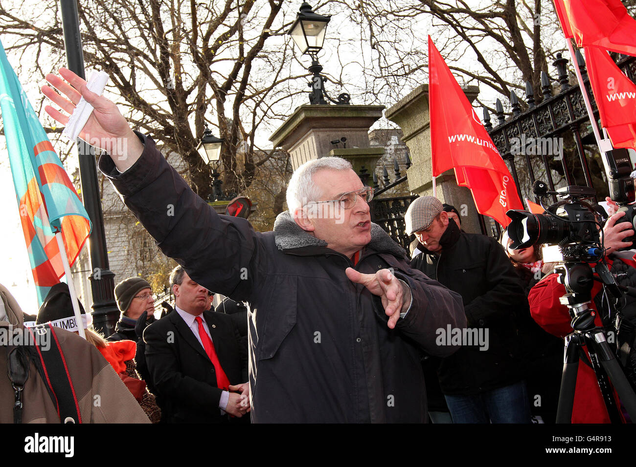 Td joe higgins at the protest outside government buildingsin dublin hi ...