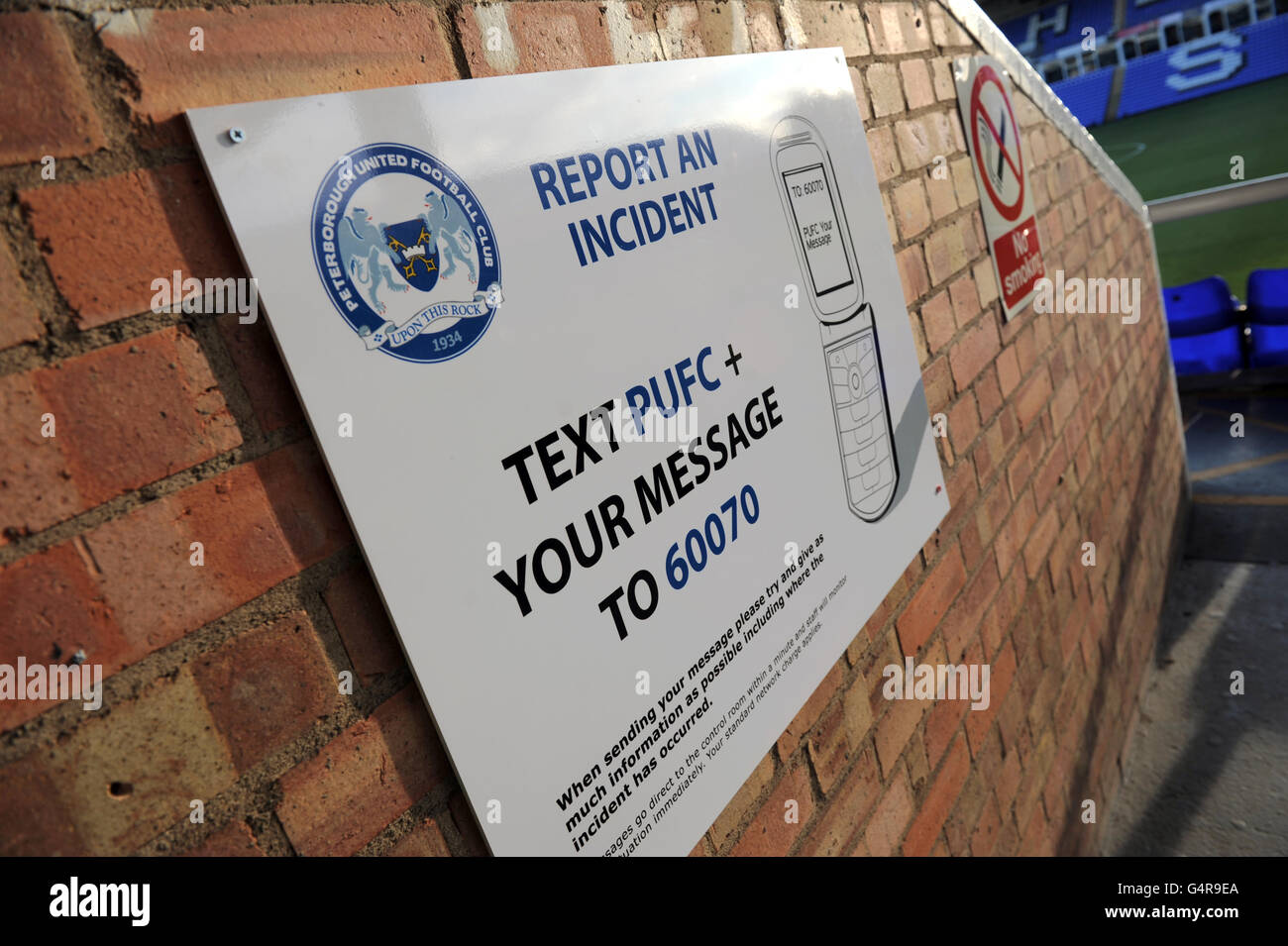 A general view of signage at London Road, home of Peterborough United ...