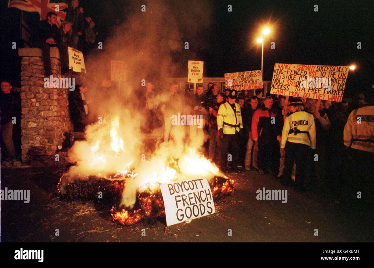 Burning hay bales form part of the demonstration by south west Farmers ...