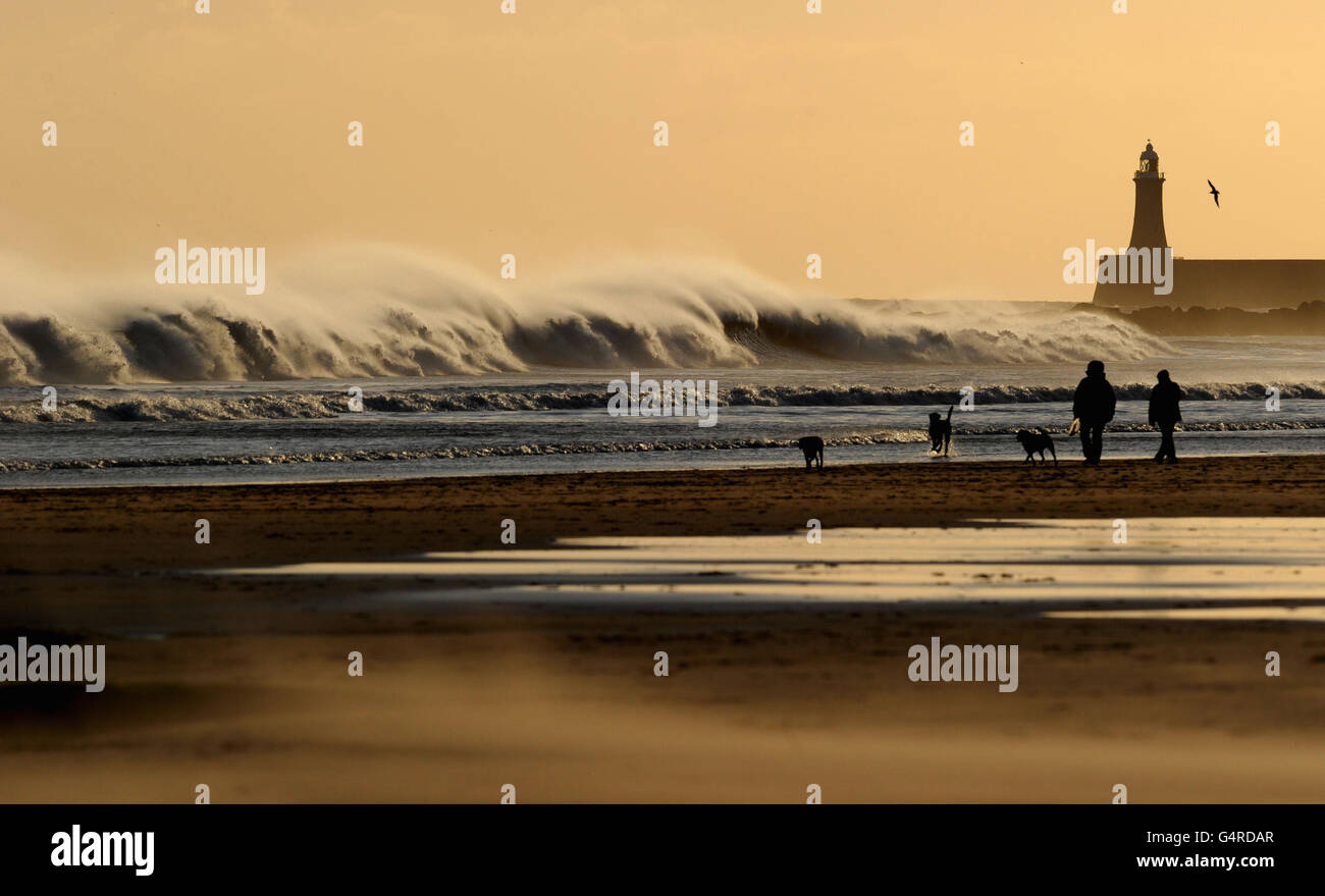Waves crash into the beach at Tynemouth, Tyne and Wear, as gusts of ...