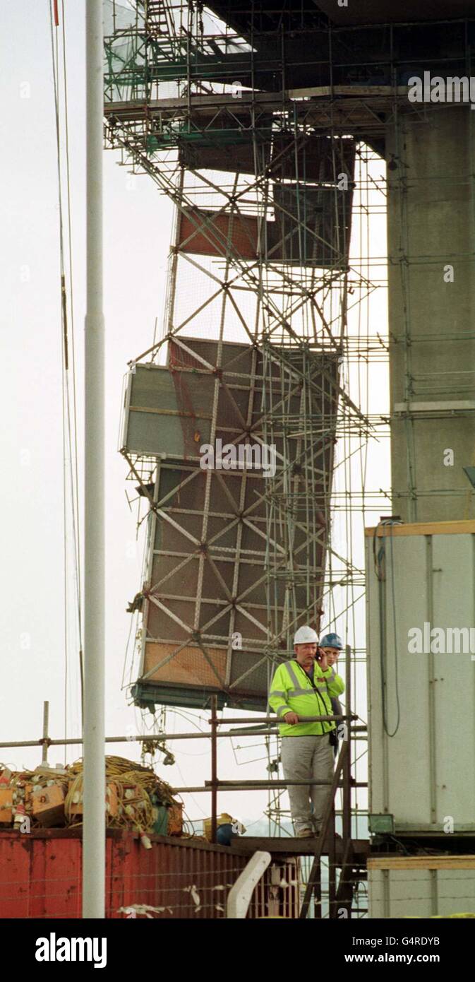 A gantry platform hangs from the underside of Avonmouth Bridge that ...