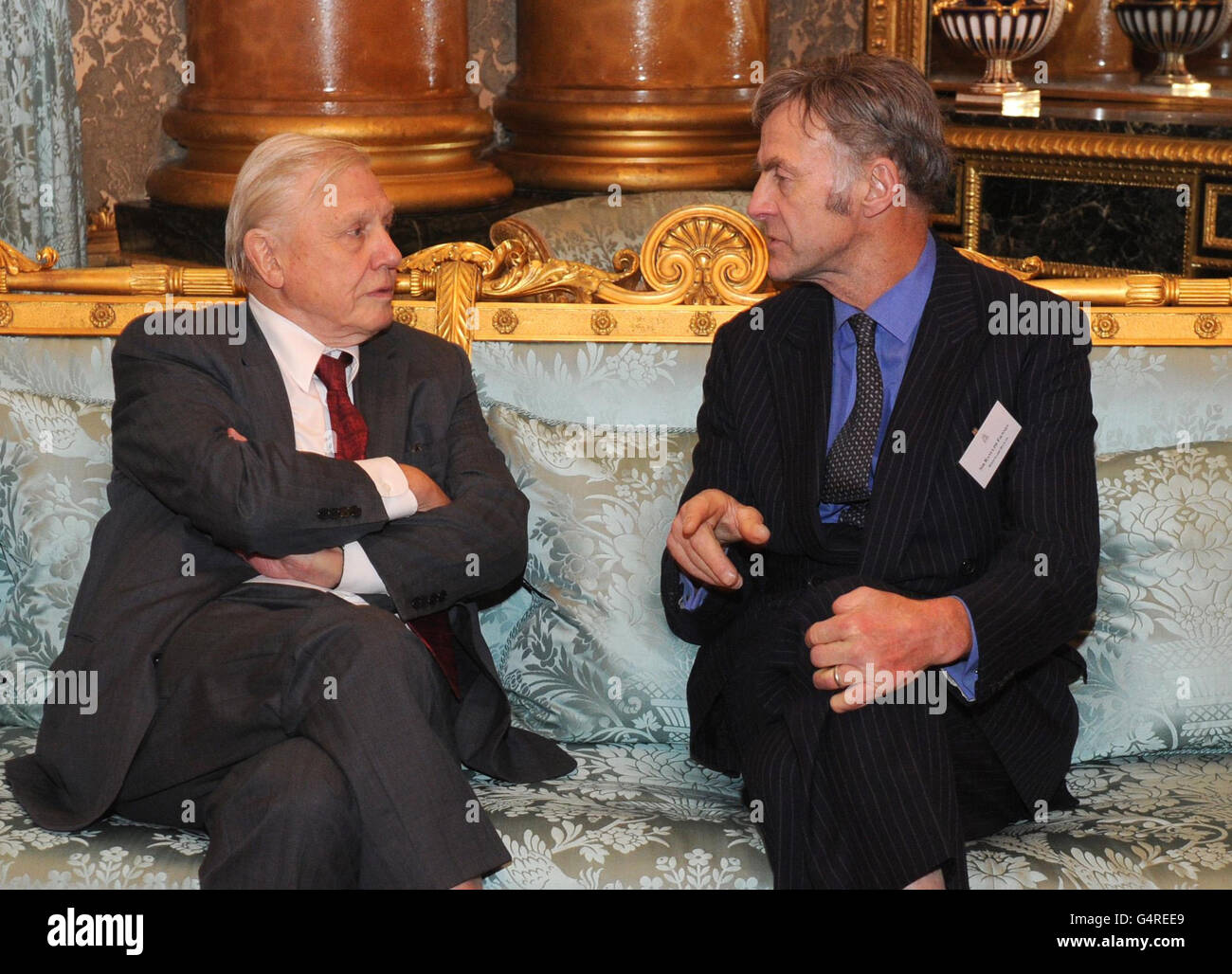 Sir David Attenborough (left) speaks with Sir Ranaulph Fiennes as the ...