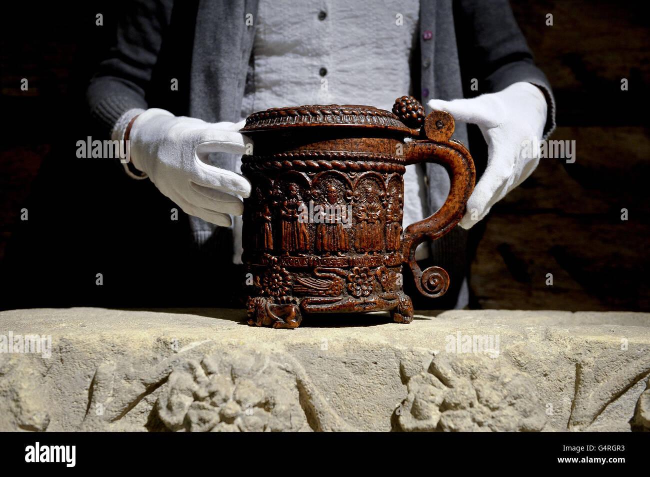 The Glastonbury Grace Cup at Glastonbury Abbey, as the rare carved oak ...