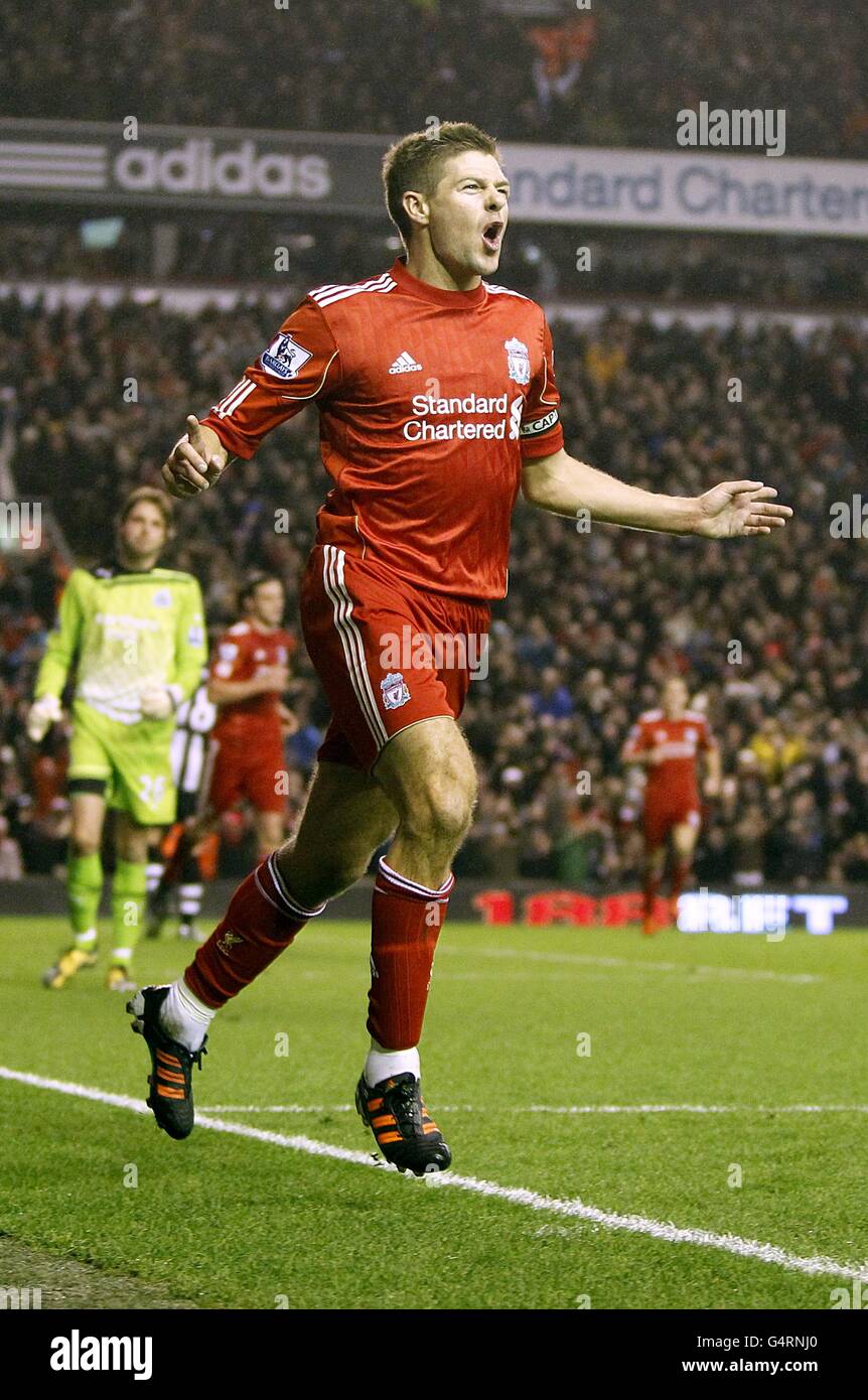 Liverpool's Steven Gerrard celebrates scoring their third goal of the ...