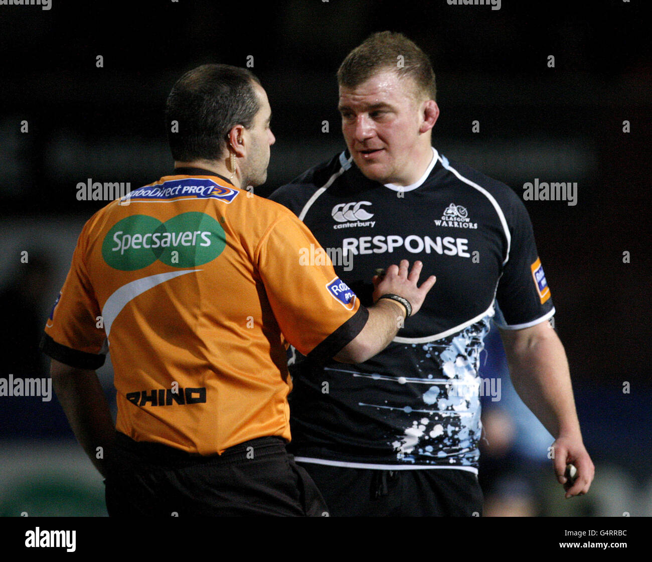Glasgow warriors moray low speaks to the referee hi-res stock ...