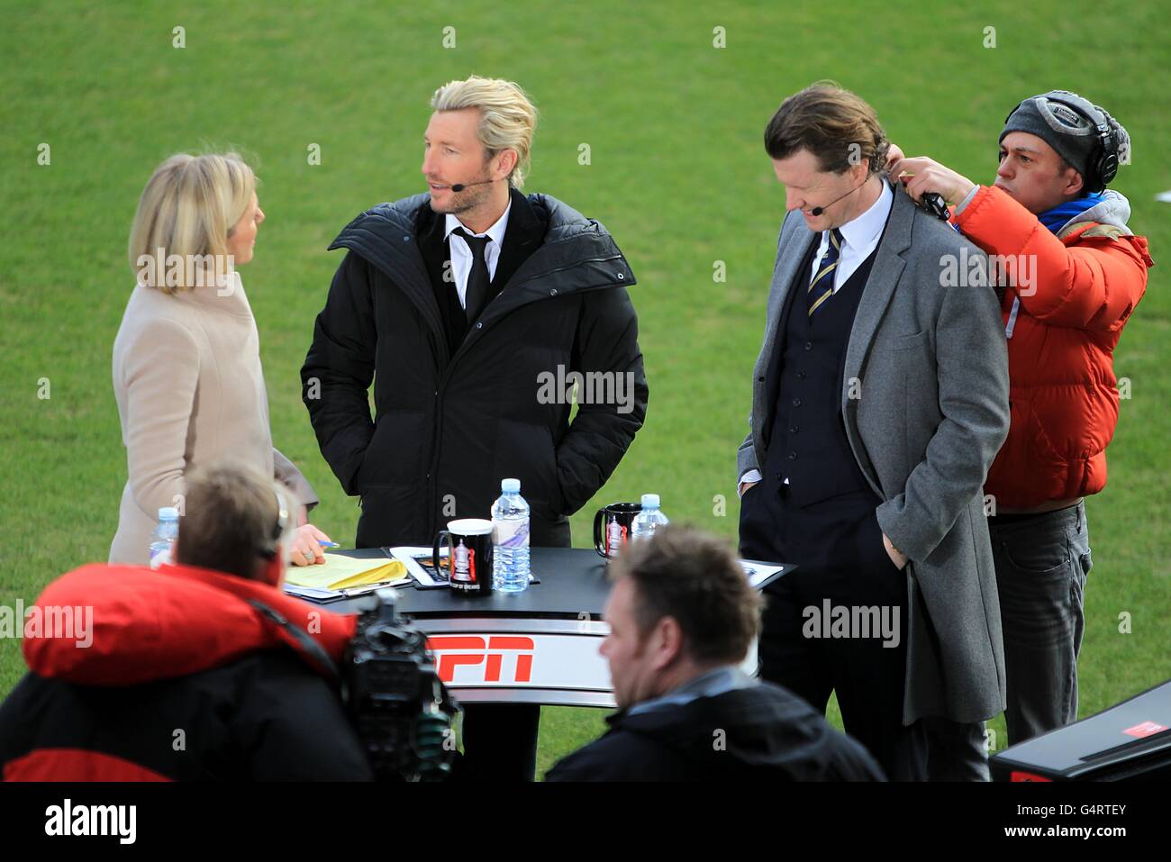 (left to right) ESPN presenter Rebecca Lowe with pundits Robbie Savage ...