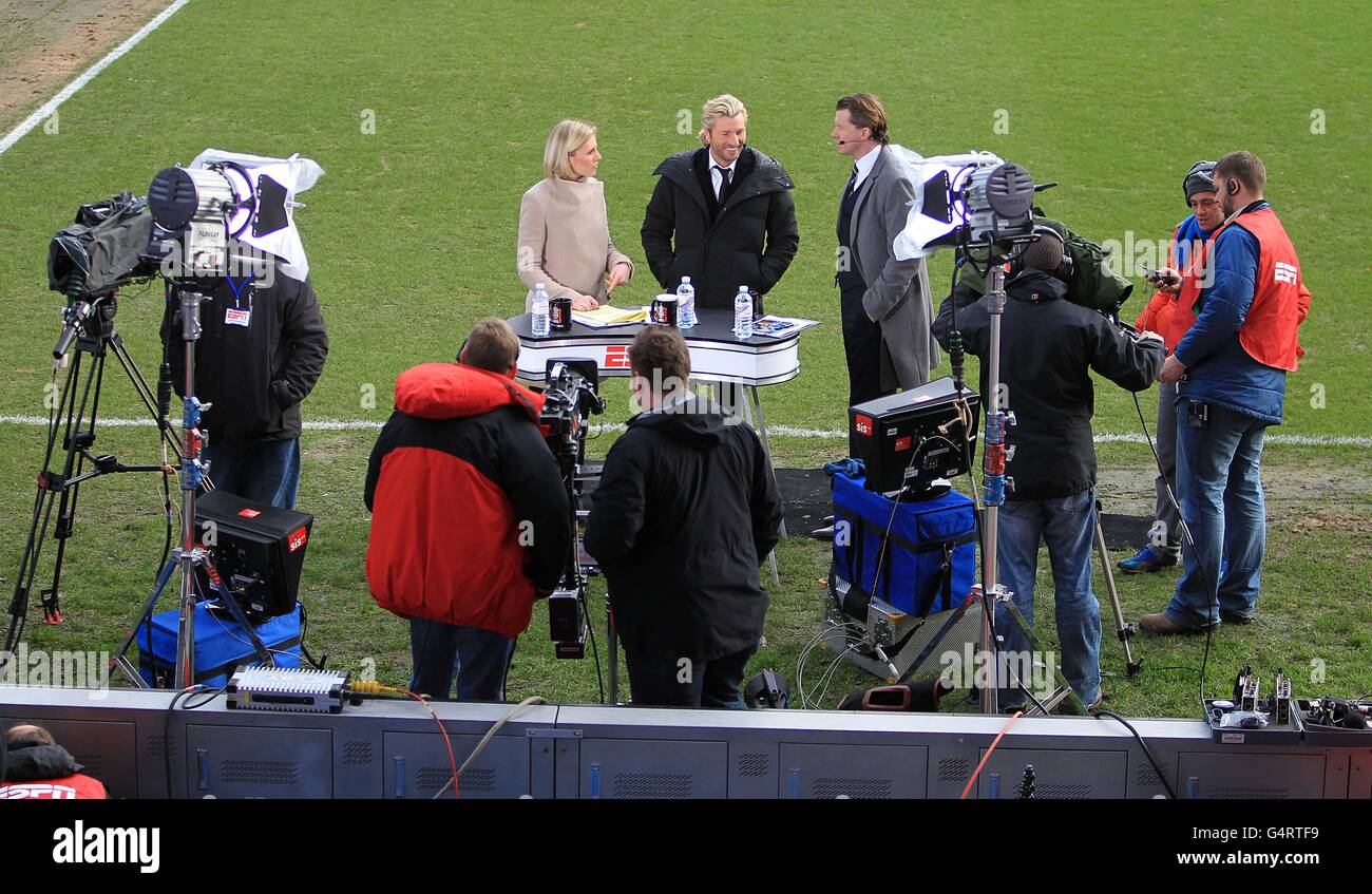 (left to right) ESPN presenter Rebecca Lowe with pundits Robbie Savage ...