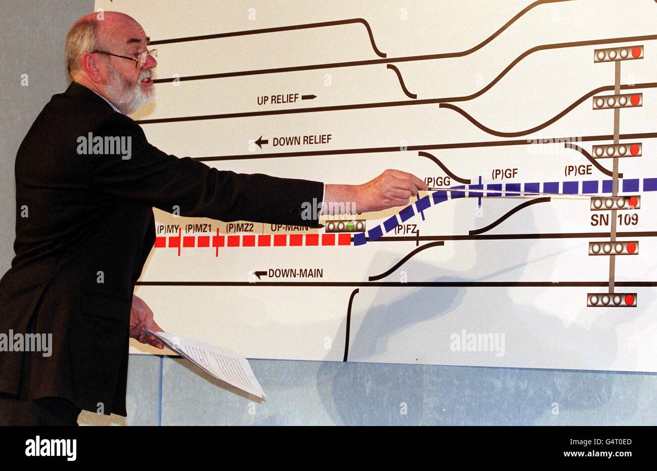 Alan Cooksey, Deputy Chief Inspector of Railways pointing to a map of ...