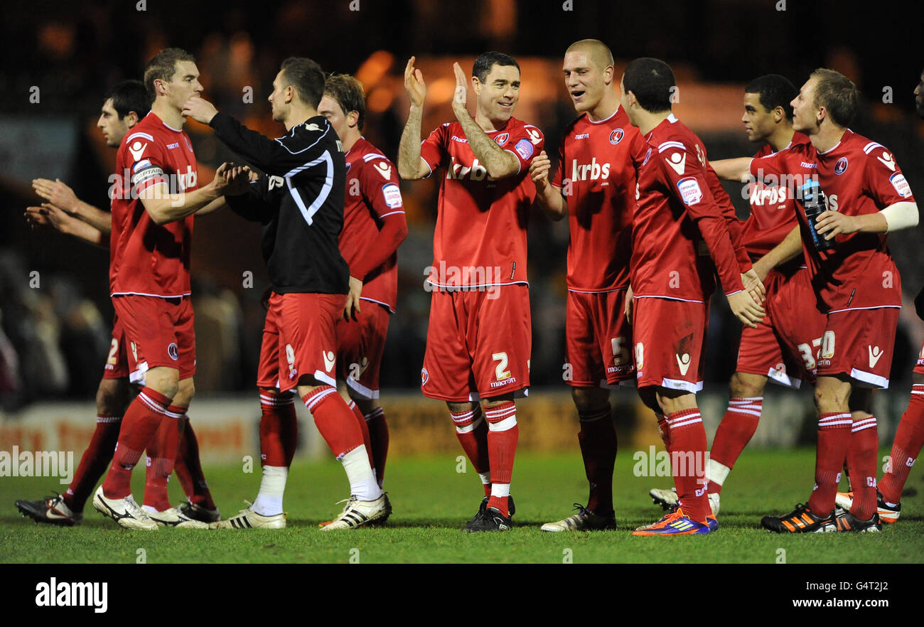 Charlton athletic players celebrate after the final whistle hi-res ...