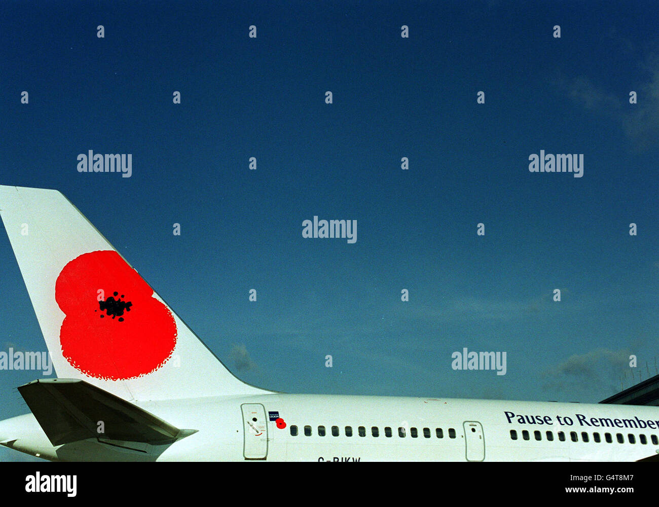 A British Airways aircraft tail fin painted with a poppy motif and the ...
