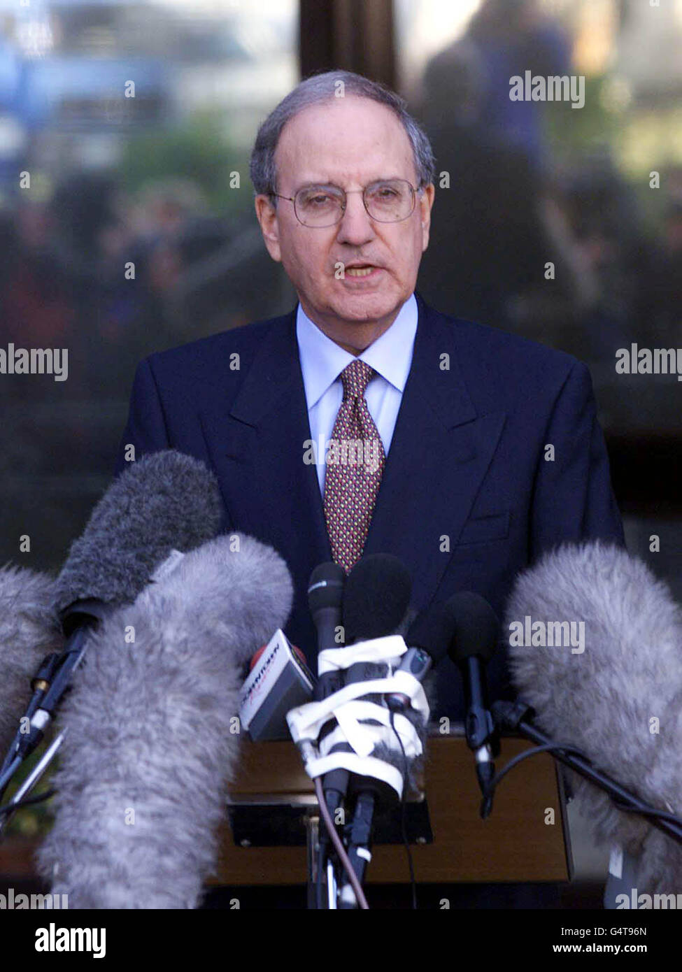 US Senator George Mitchell outside the Castle Buildings in Belfast ...