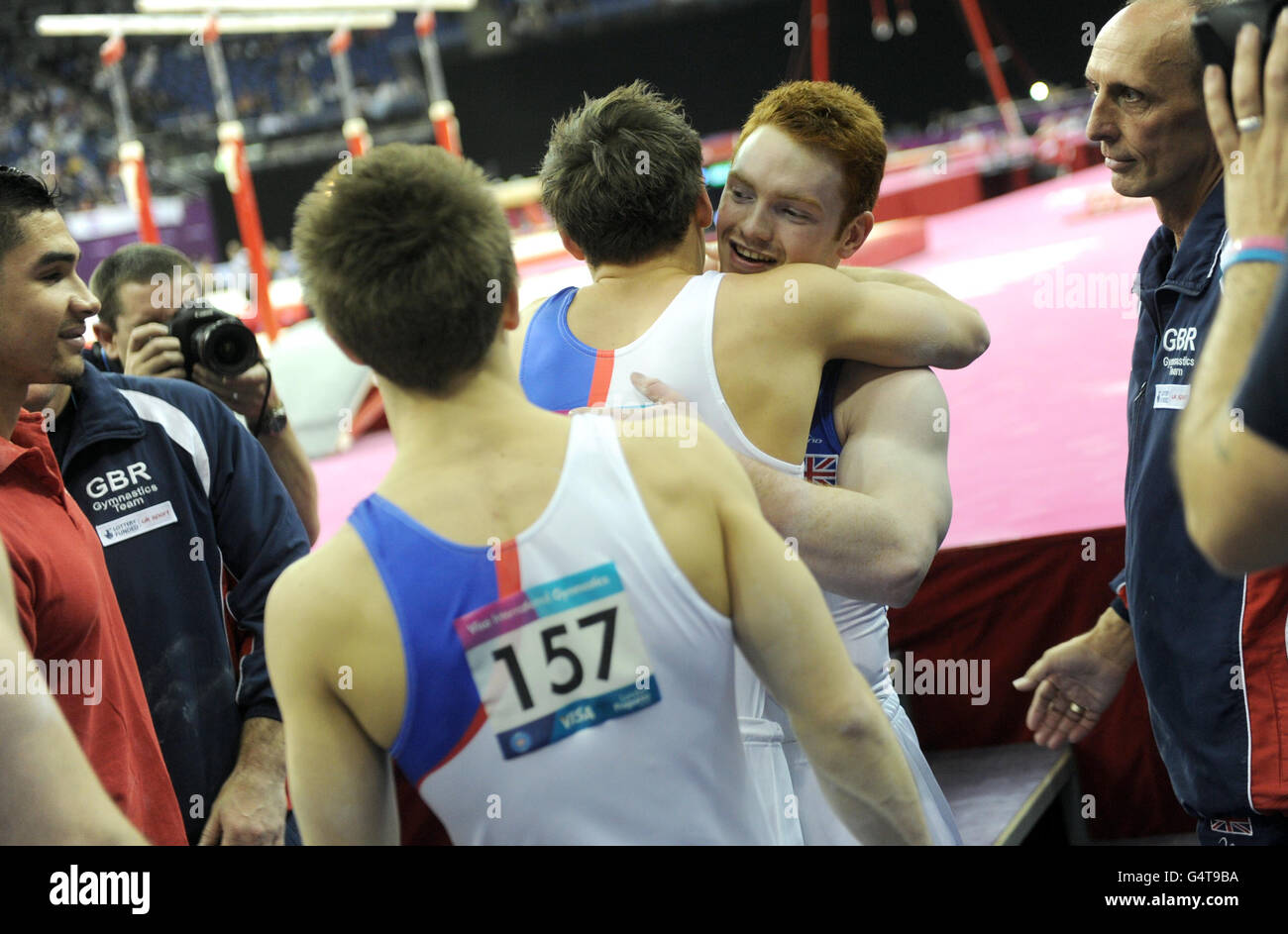 Great Britain's Daniel Purvis is congratulated after competing on the ...