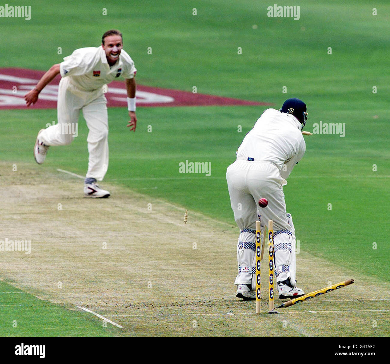 South african bowler allan donald bowls michael atherton for duck hi ...