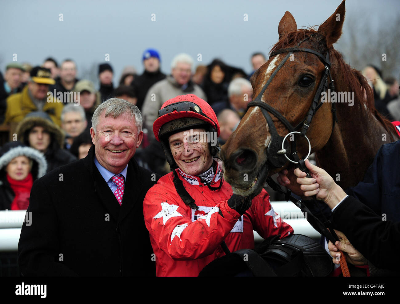 Sir Alex Ferguson congratulates jockey Daryl Jacob wearing his colours ...