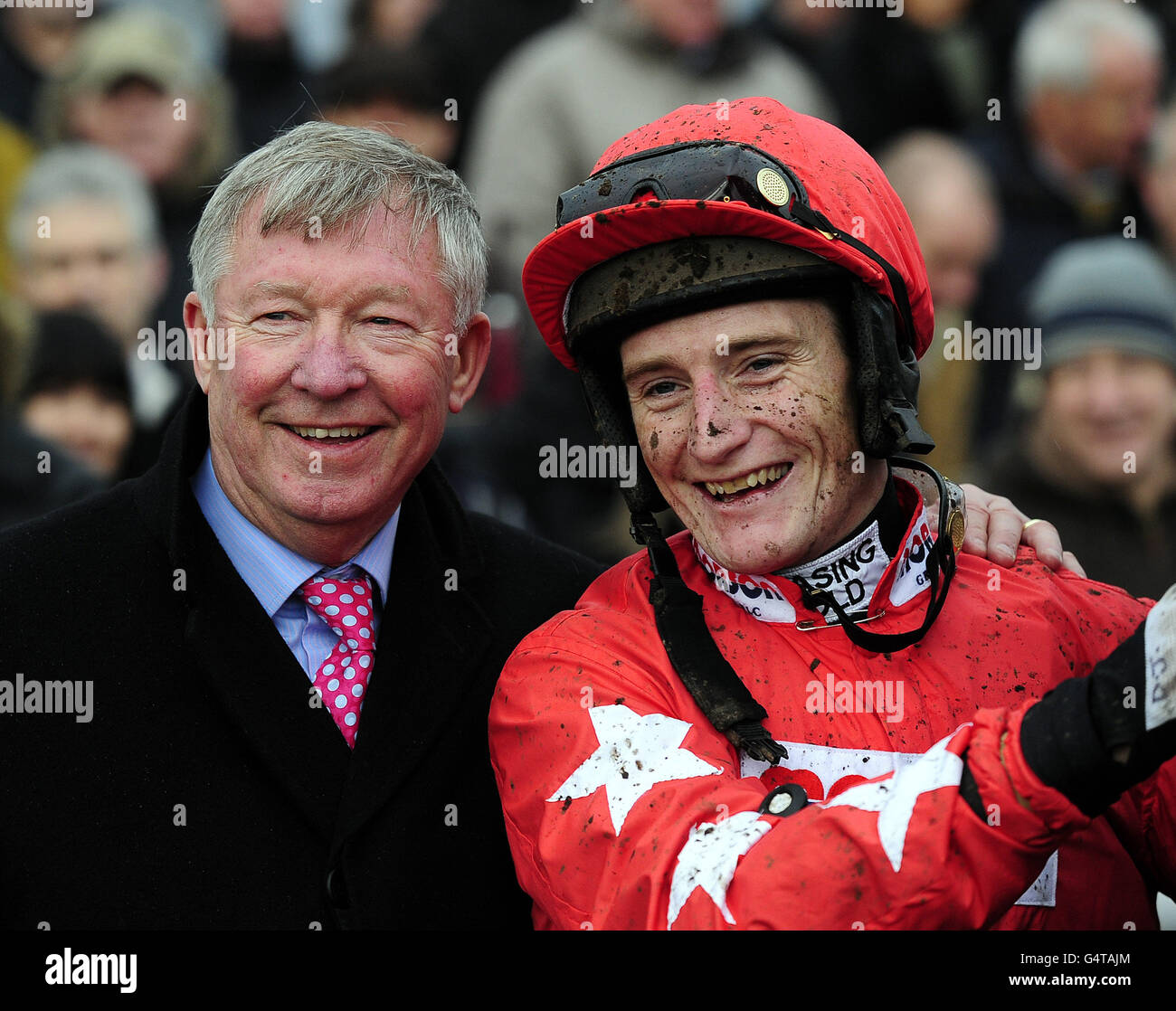 Sir Alex Ferguson congratulates jockey Daryl Jacob wearing his colours ...