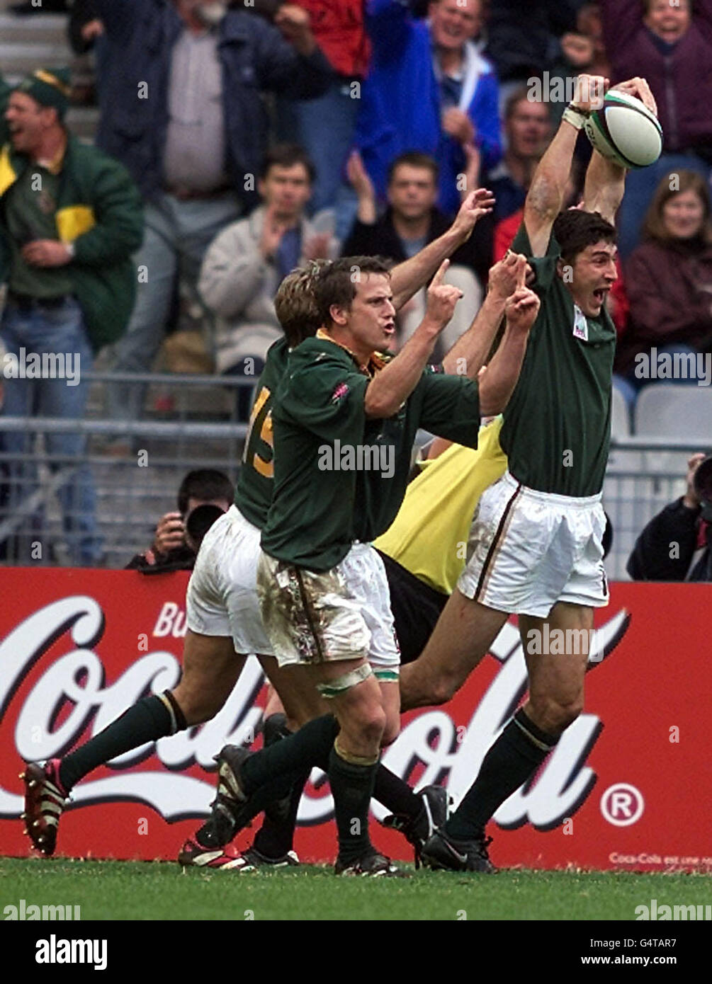 South Africa's Pieter Rossouw (far right) celebrates with team mates ...