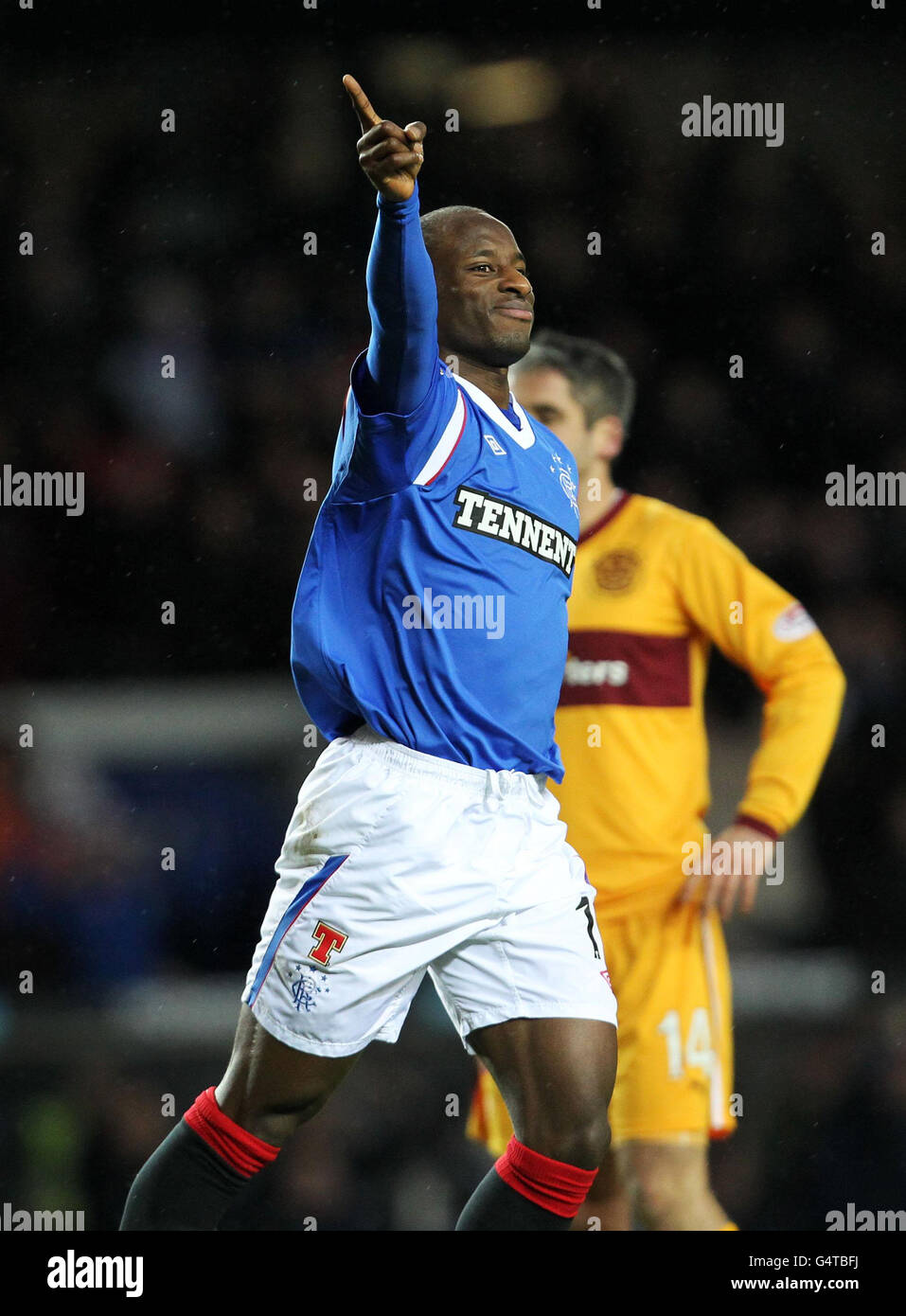 Rangers' Sone Aluko celebrates scoring during the Clydesdale Bank ...