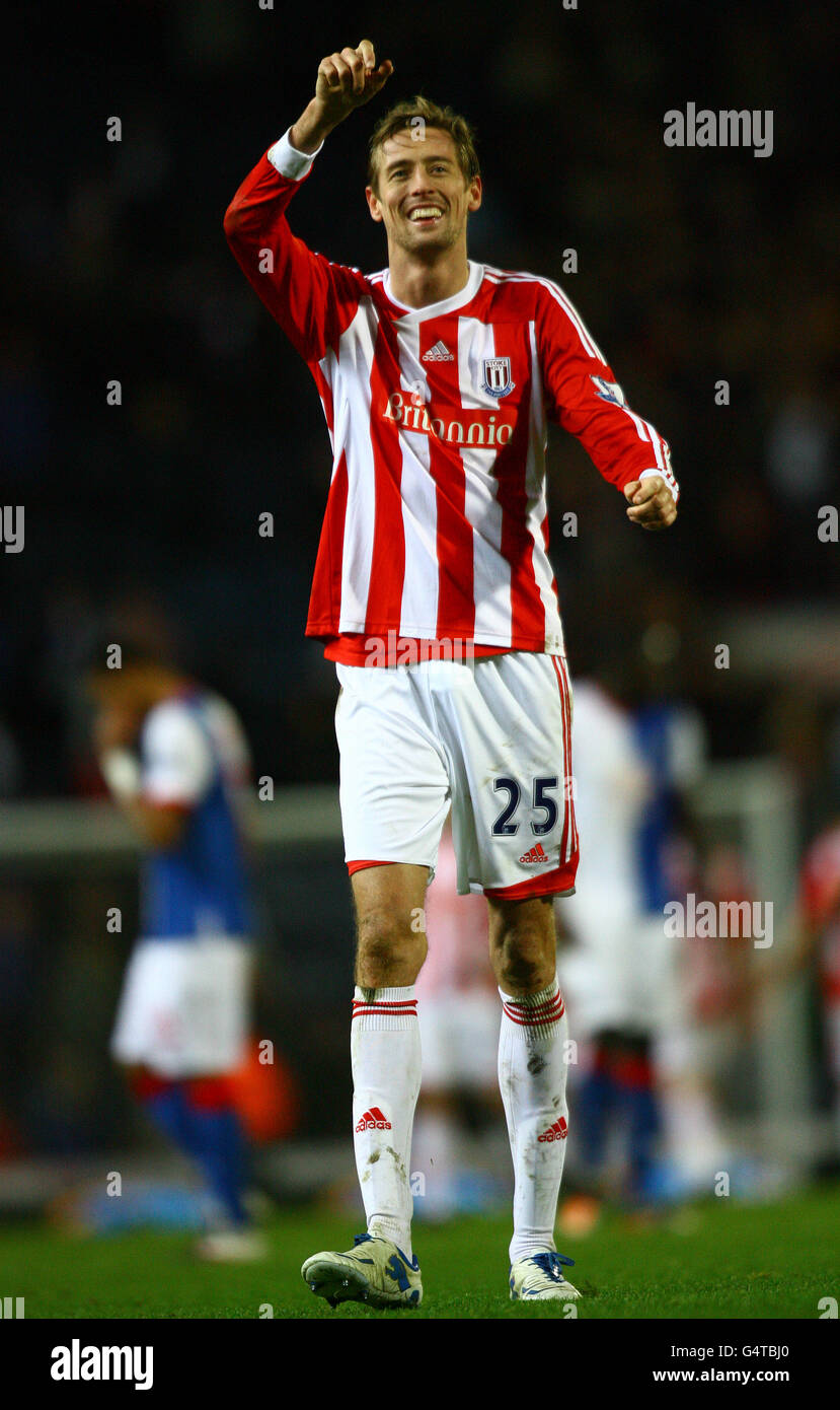 Stoke City's goal scorer Peter Crouch celebrates at the end of the game ...