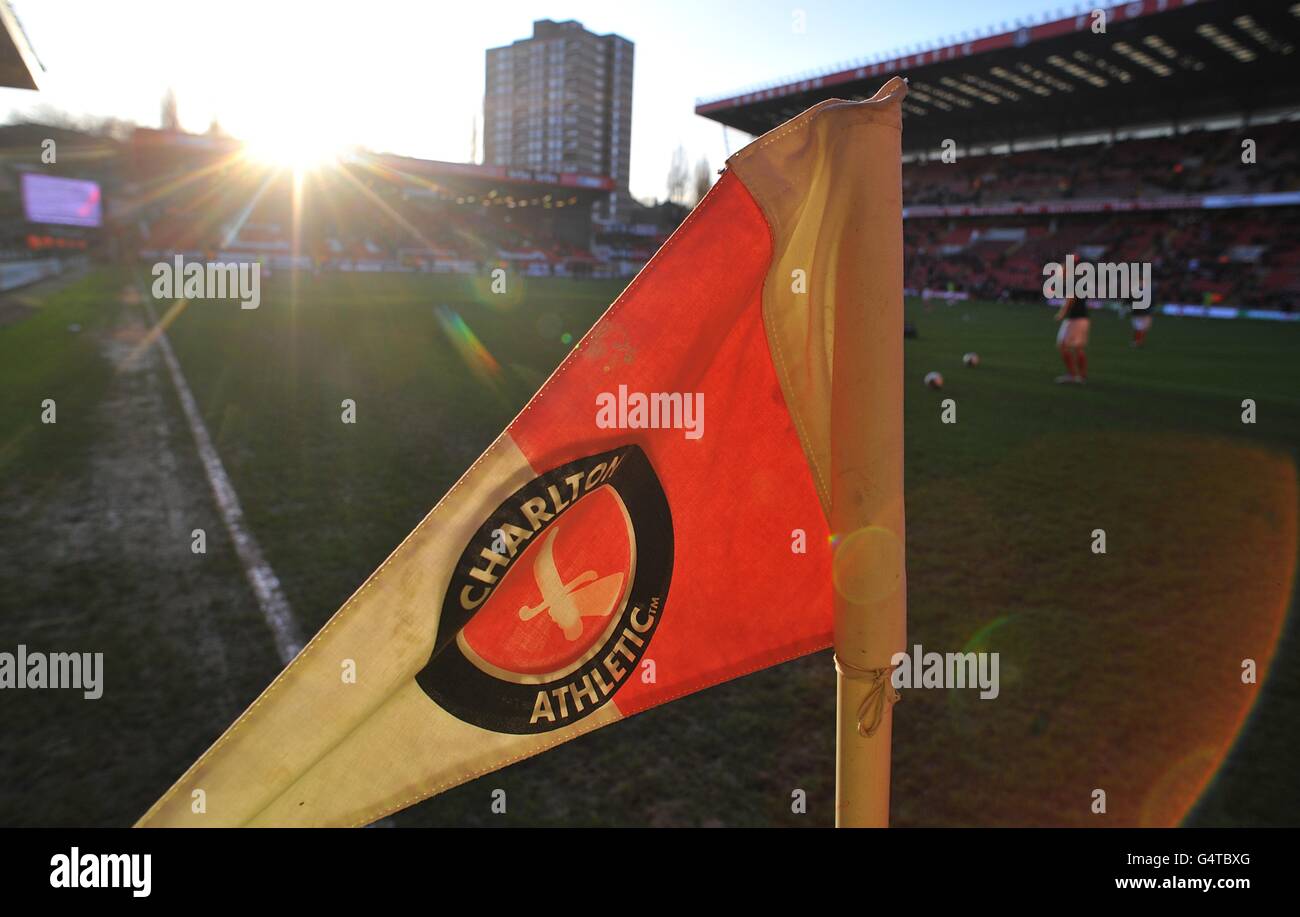 Charlton athletic branded corner flag at the valley hi-res stock ...