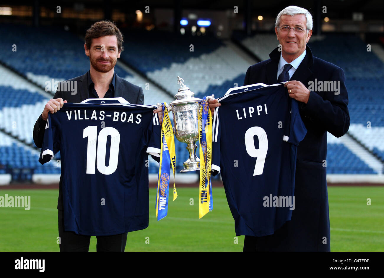 Marcello Lippi and Andre Villas-Boas (left)hold up Scotland Jerseys ...