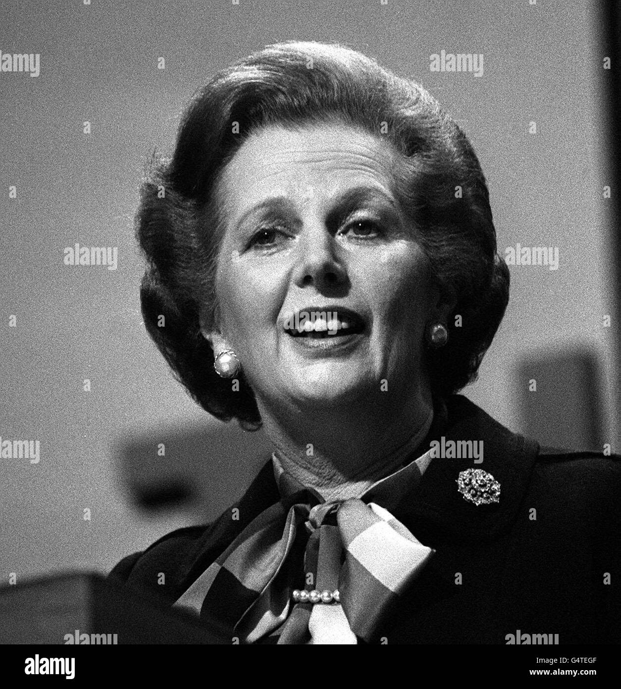 Prime Minister Margaret Thatcher speaking to the Conservative Party ...