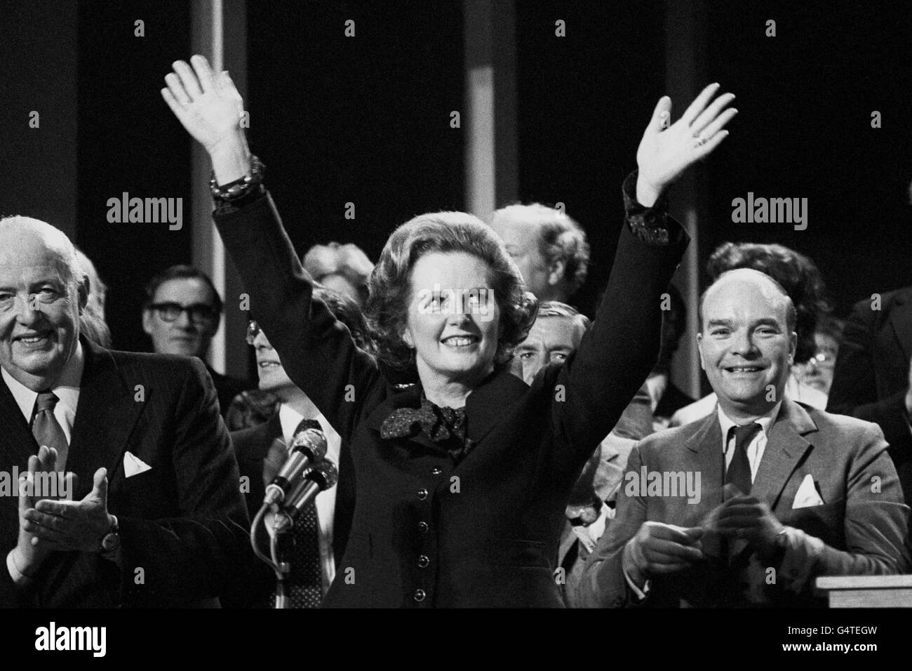 A jubilant Margaret Thatcher acknowledging the standing ovation after ...