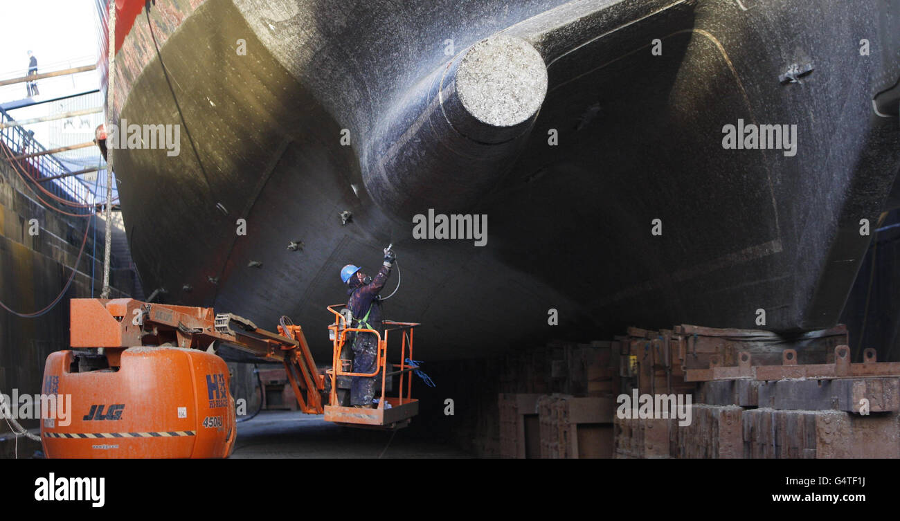 Work on the Royal Yacht Britannia continues at a dry dock at Forth ...