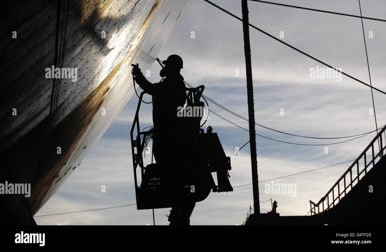 Work on the Royal Yacht Britannia continues at a dry dock at Forth ...