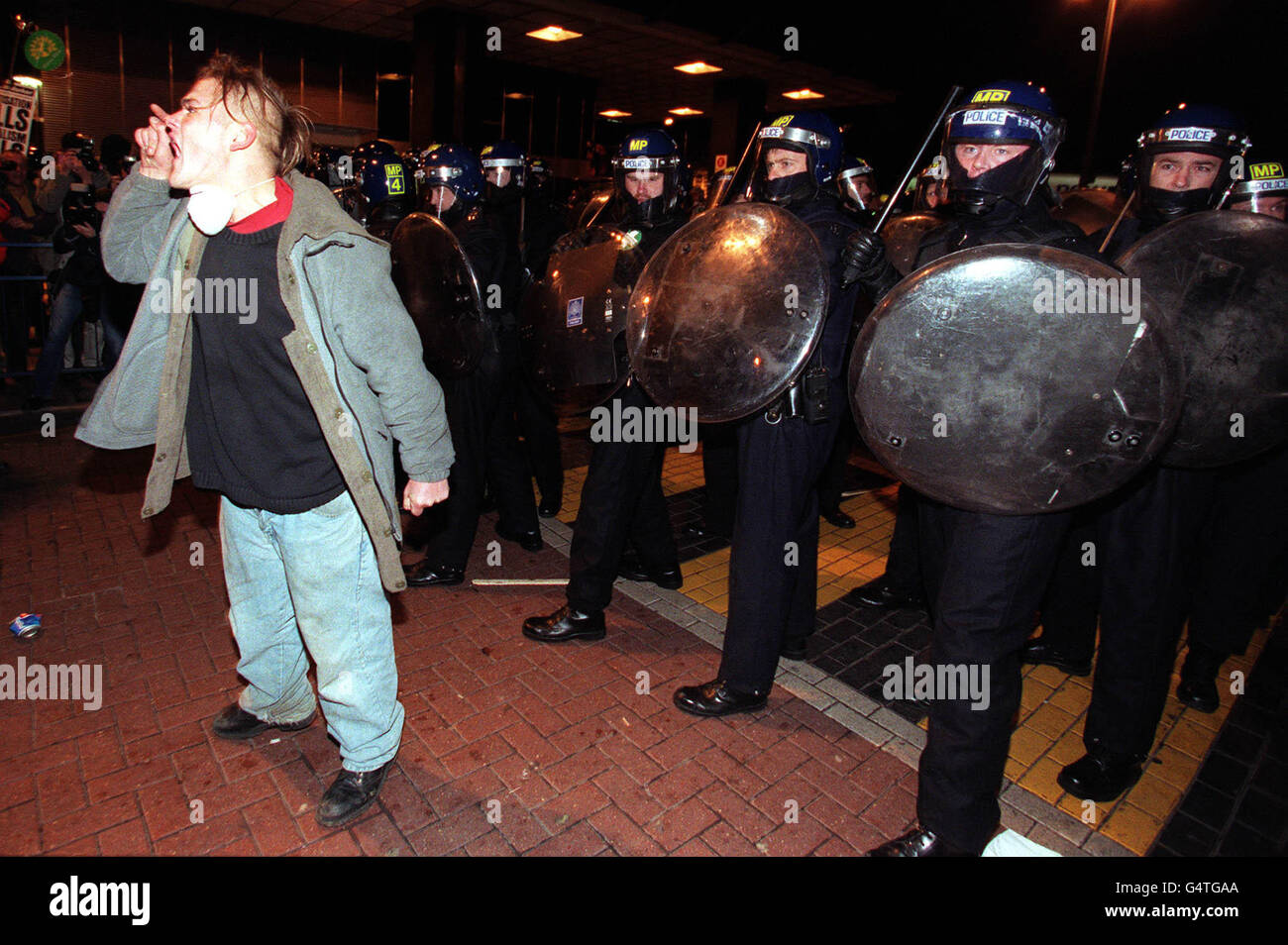 Riot police officers present wall before clashes demonstrators euston ...