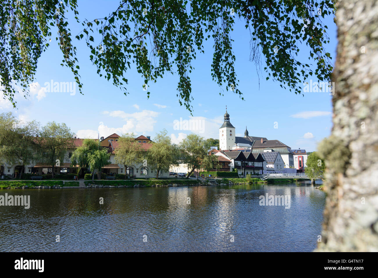 river Schwarzer Regen, church St. Michael, Regen, Germany, Bayern ...