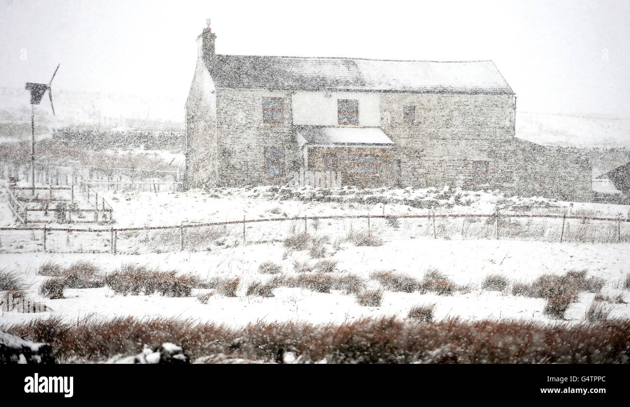 A general view of an old farm house in the snow near Killhope, County ...