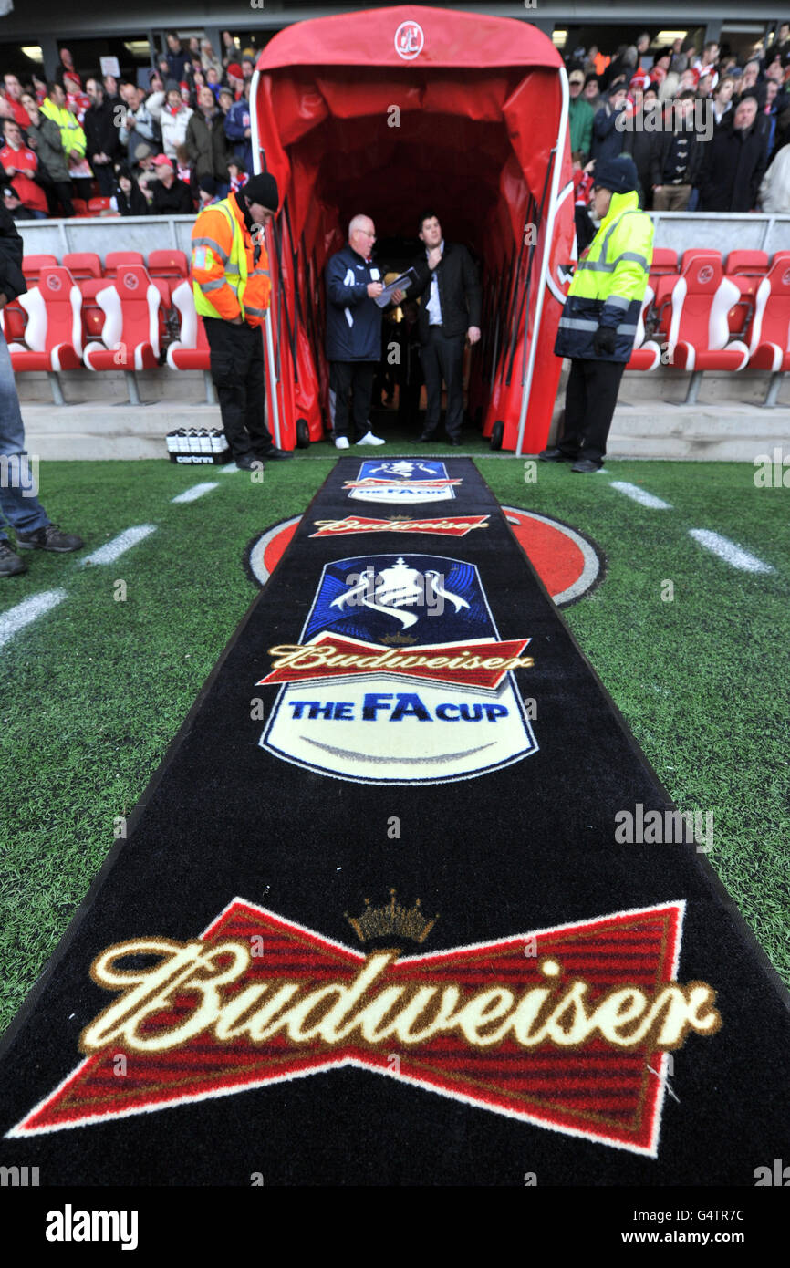 A general view of FA Cup signage on a mat leading out from the tunnel ...
