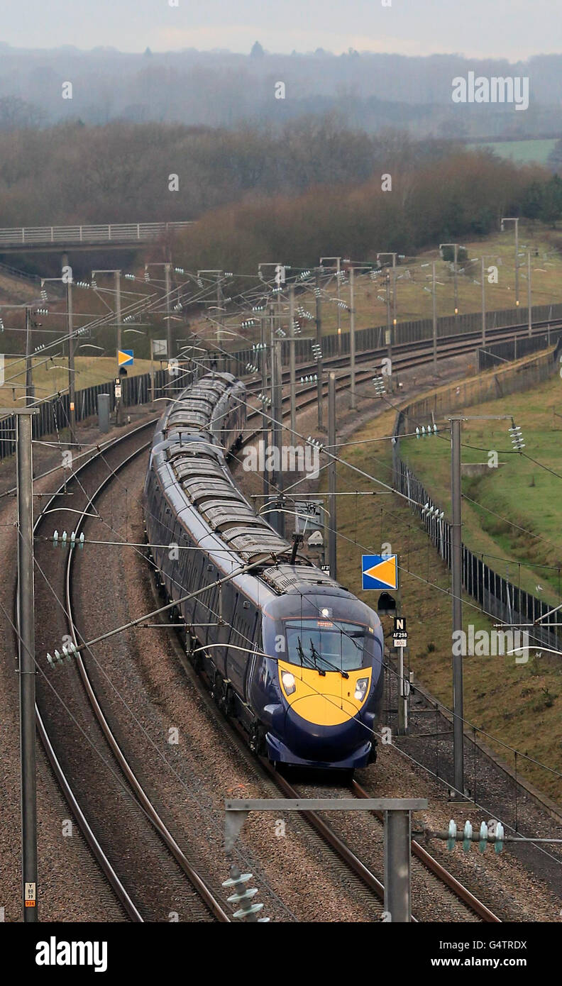 A general view of a Hitachi Class 395 Javelin train as it passes ...