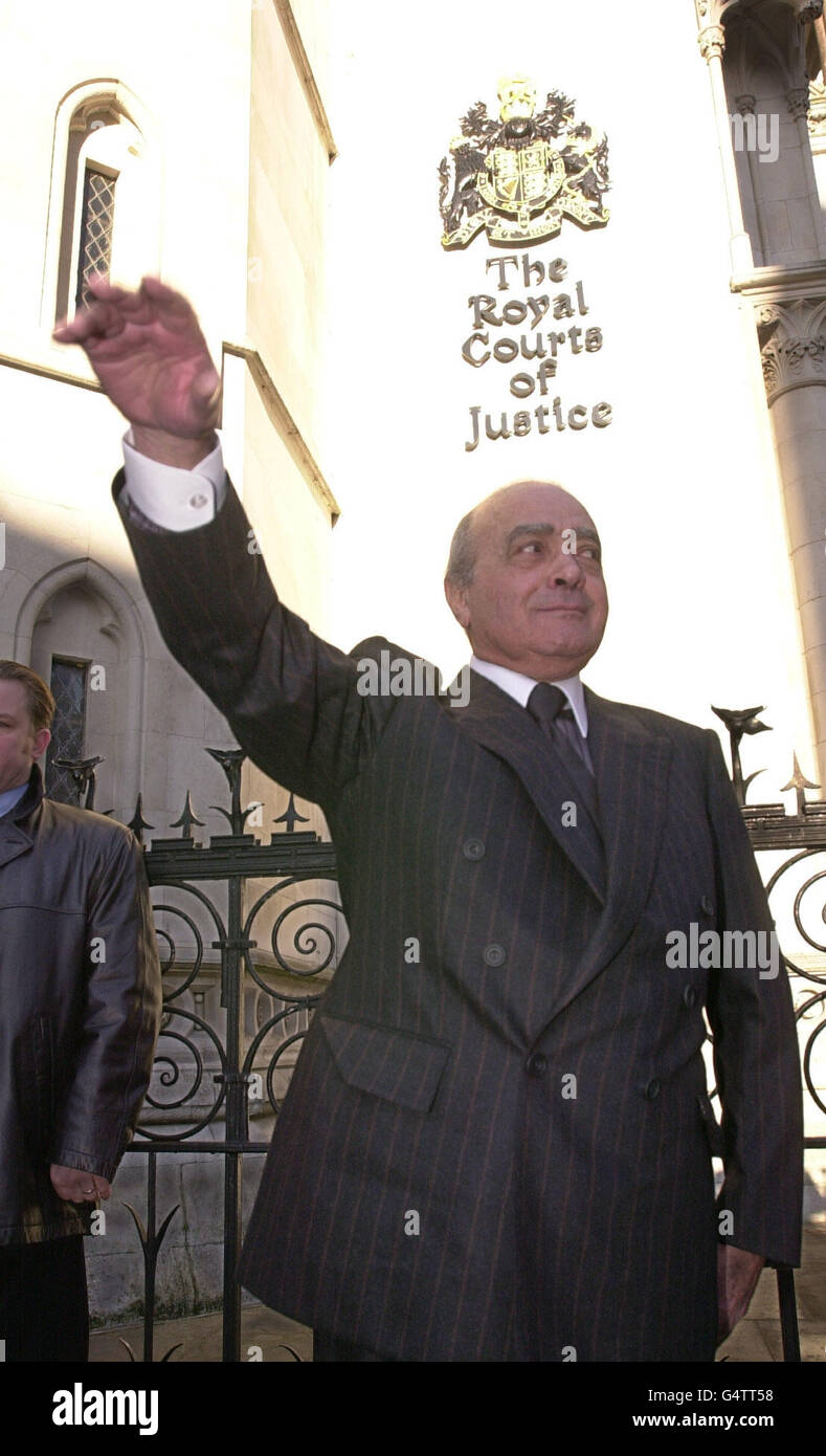 Harrods owner Mohammed Al Fayed waves to photographers as he arrives at ...